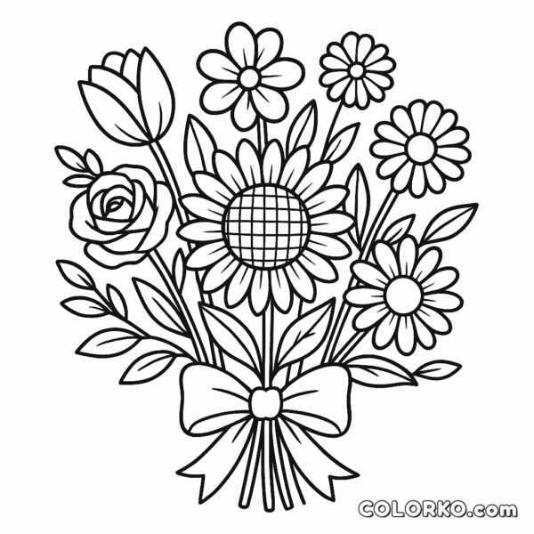 Print Coloring Page – Floral Bouquet Tied with Ribbon
