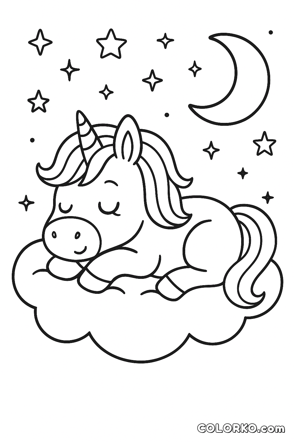 Sleeping Unicorn on a Cloud – Kids Coloring Page
