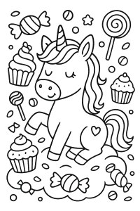 Fun Unicorn and Candy Coloring Page