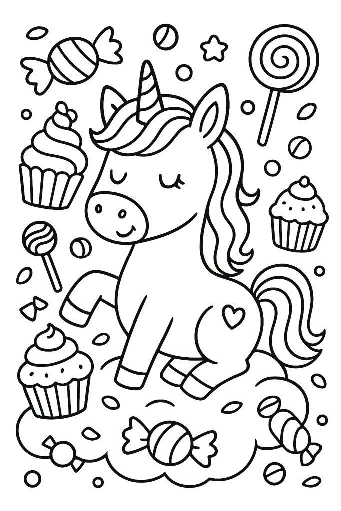 Fun Unicorn and Candy Coloring Page