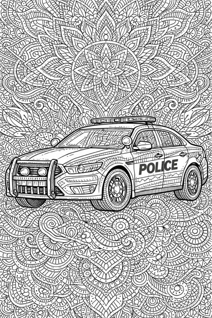 Intricate Mandala Police Car Coloring Page for Adults
