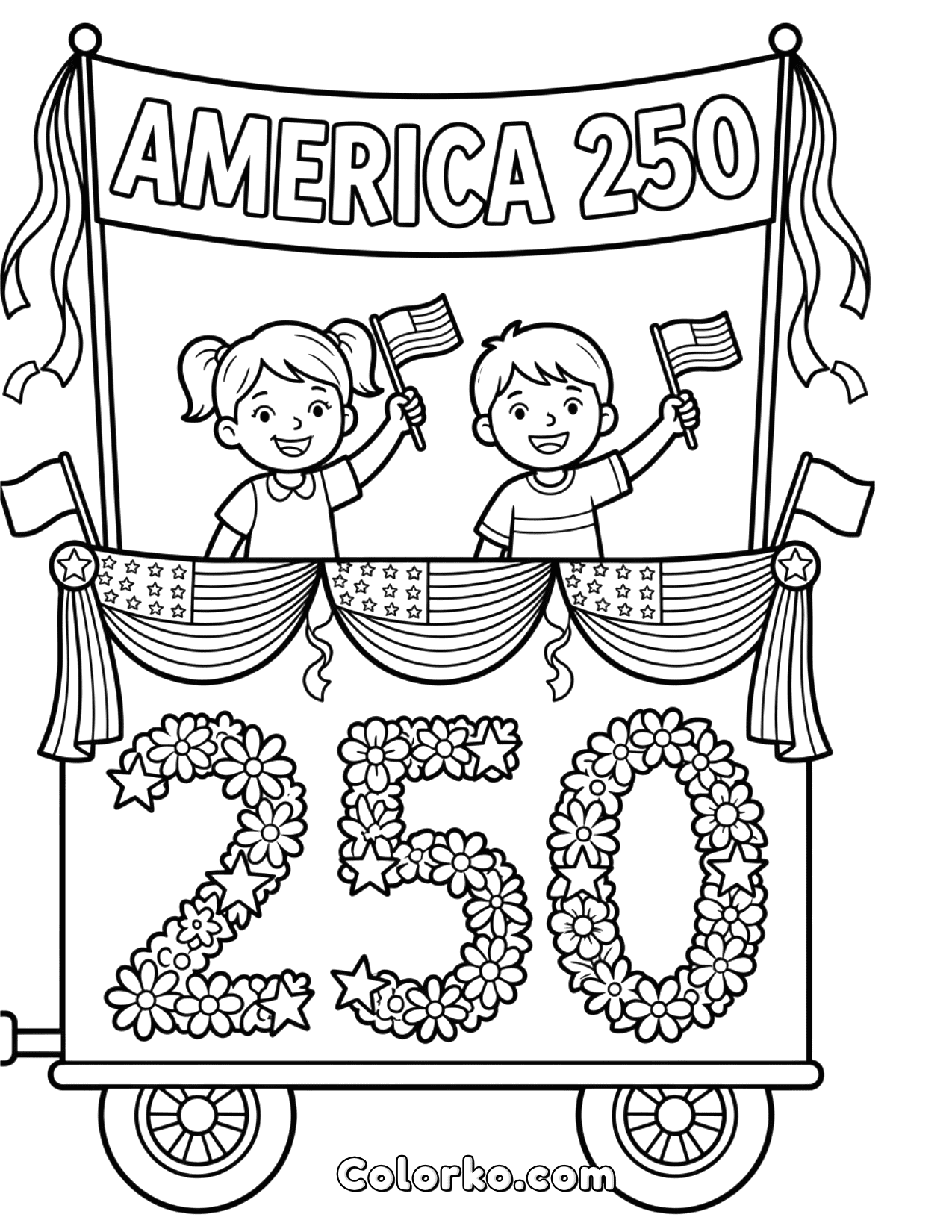 America 250 Parade Float Coloring Page for Kids Ages 6-10