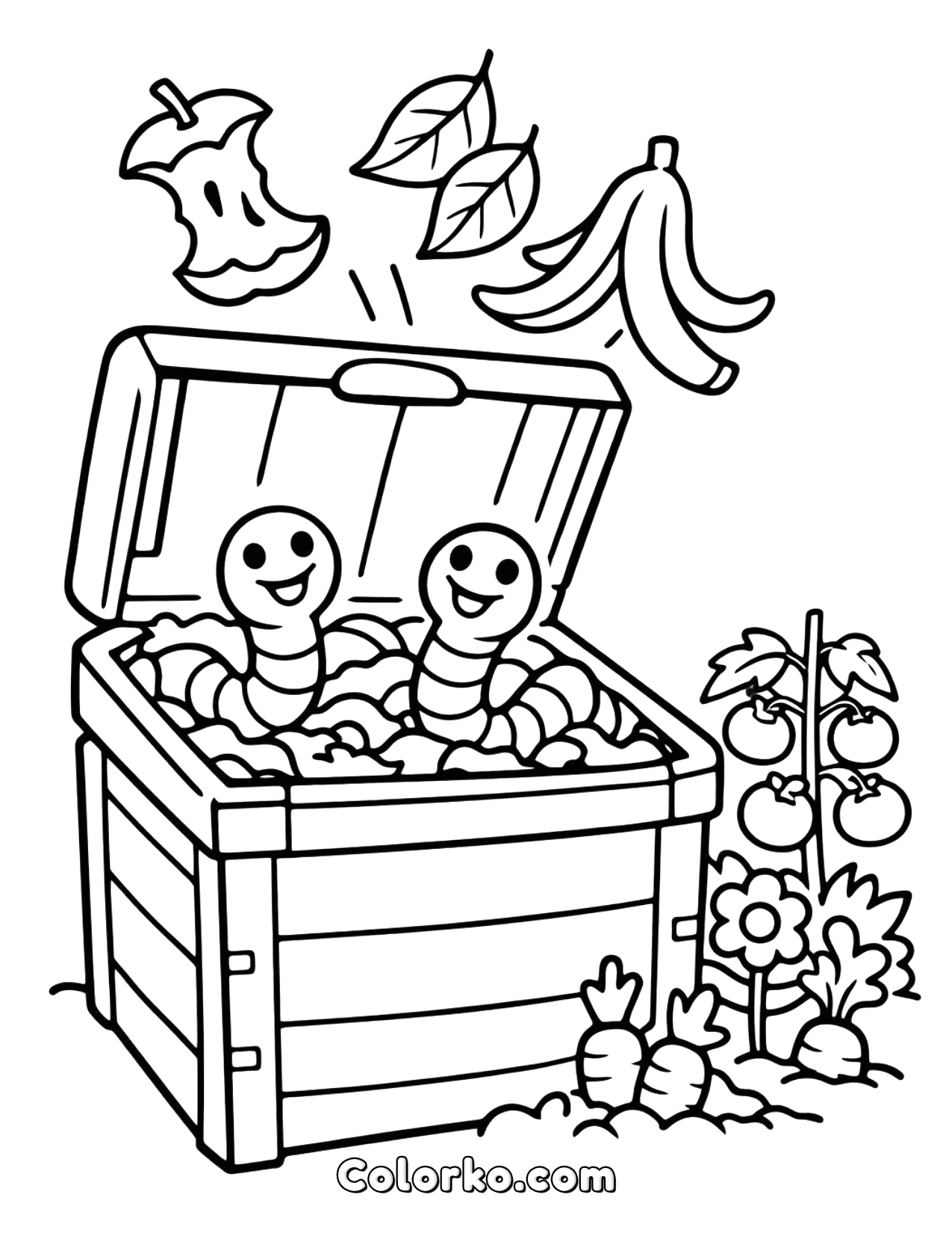 Compost Bin with Happy Worms Earth Day Coloring Page