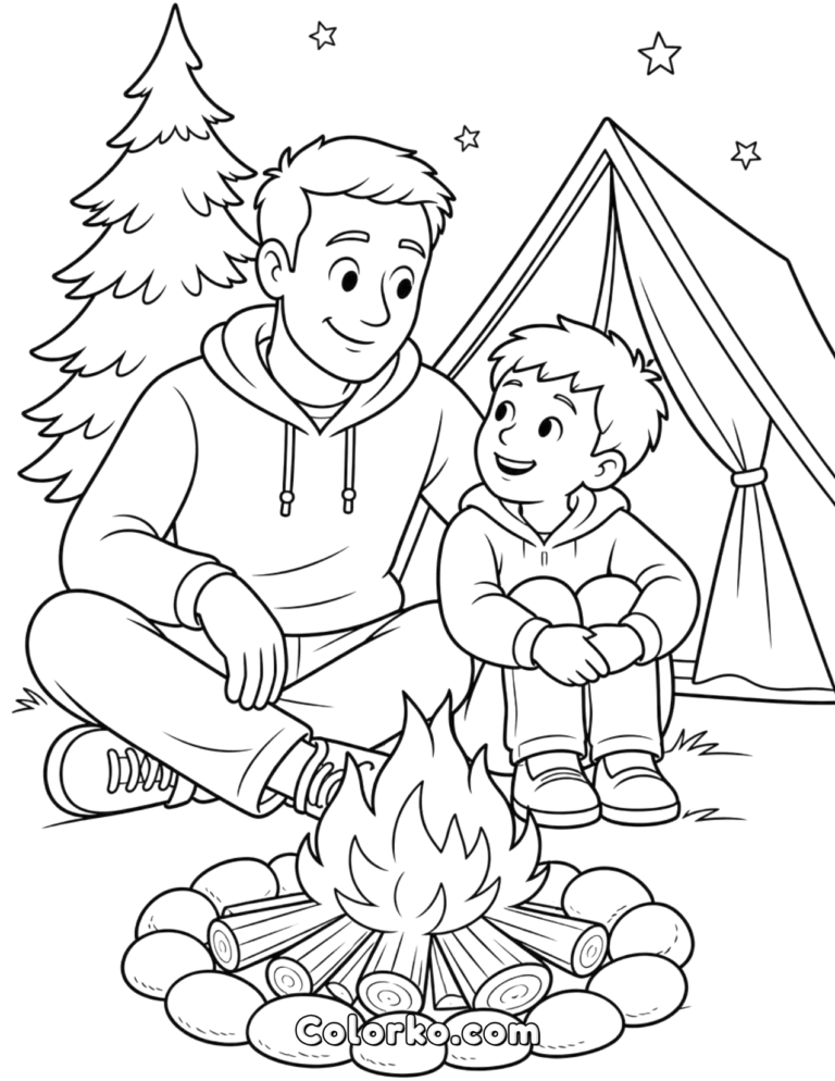 Dad and Child Camping Coloring Page (Free PDF)