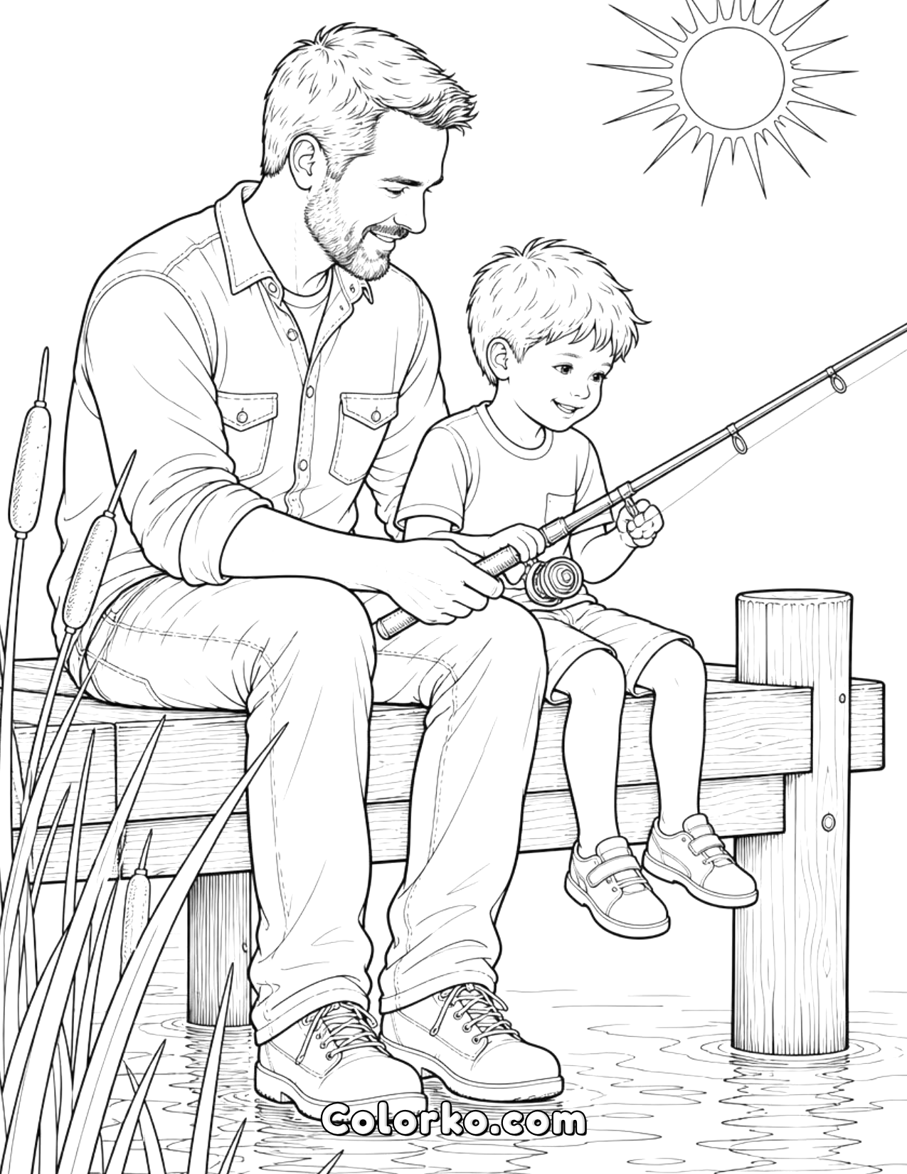 Dad and Child Fishing Coloring Page (Free PDF)