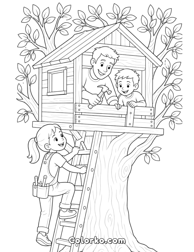 Dad and Kids Building a Treehouse Coloring Page (Free PDF)