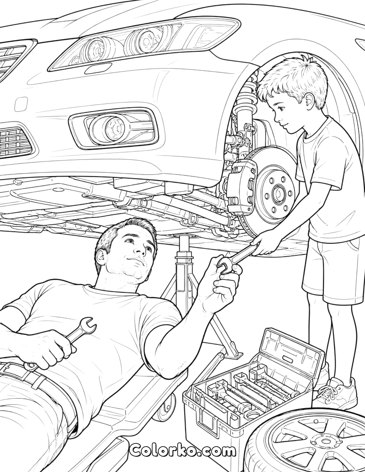 Dad and Son Fixing a Car Coloring Page (Free Printable)