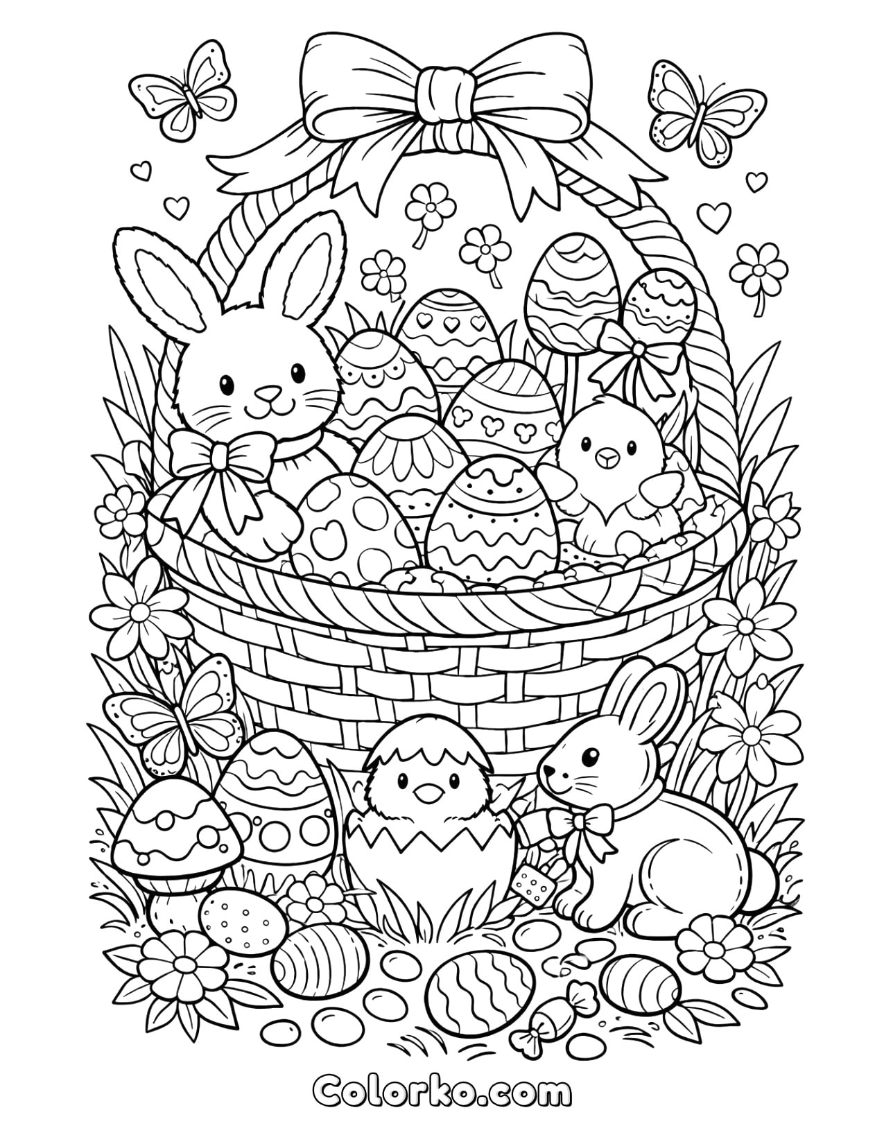 Detailed Spring Easter Basket Coloring Page for Teens
