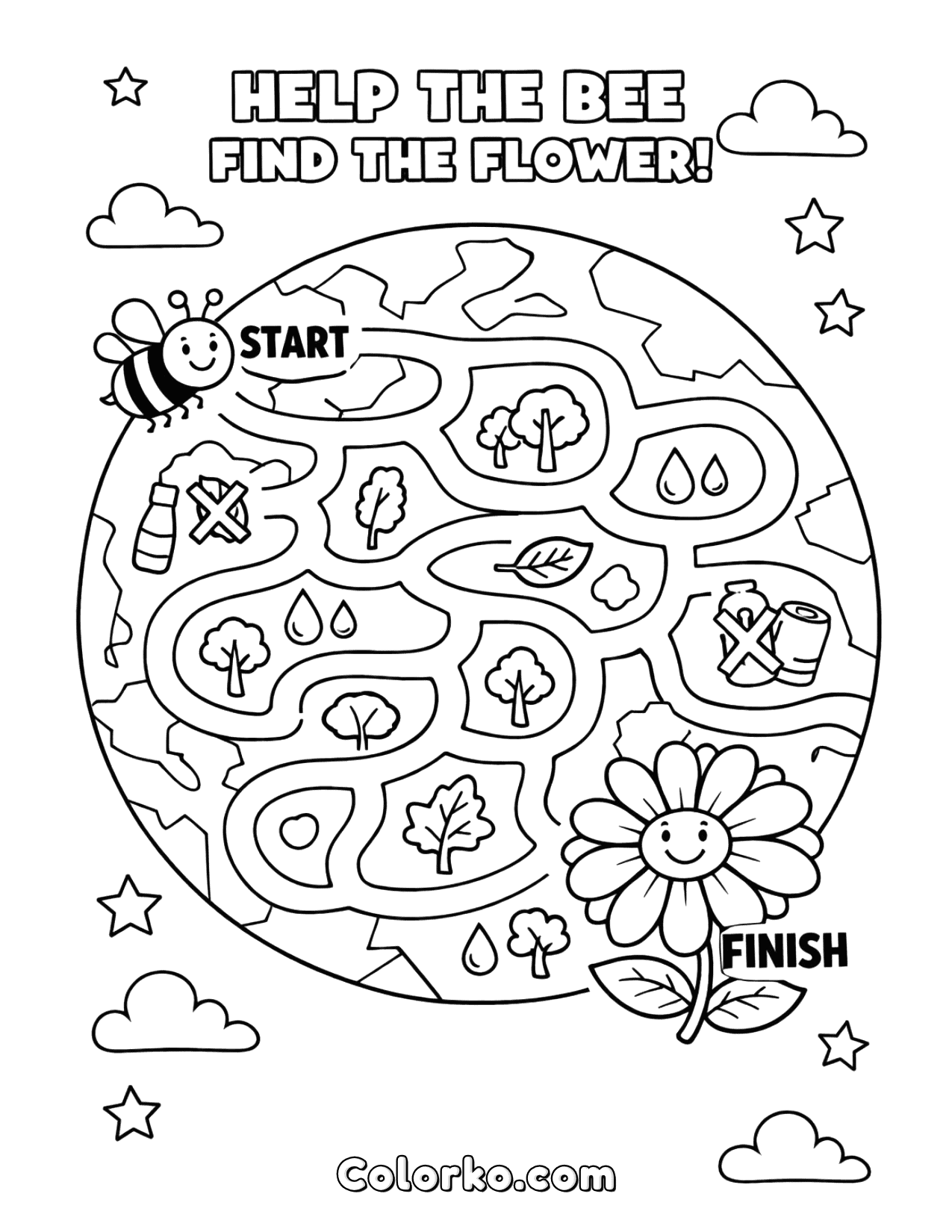 Bee Maze Find the Flower Earth Day Activites Coloring Page