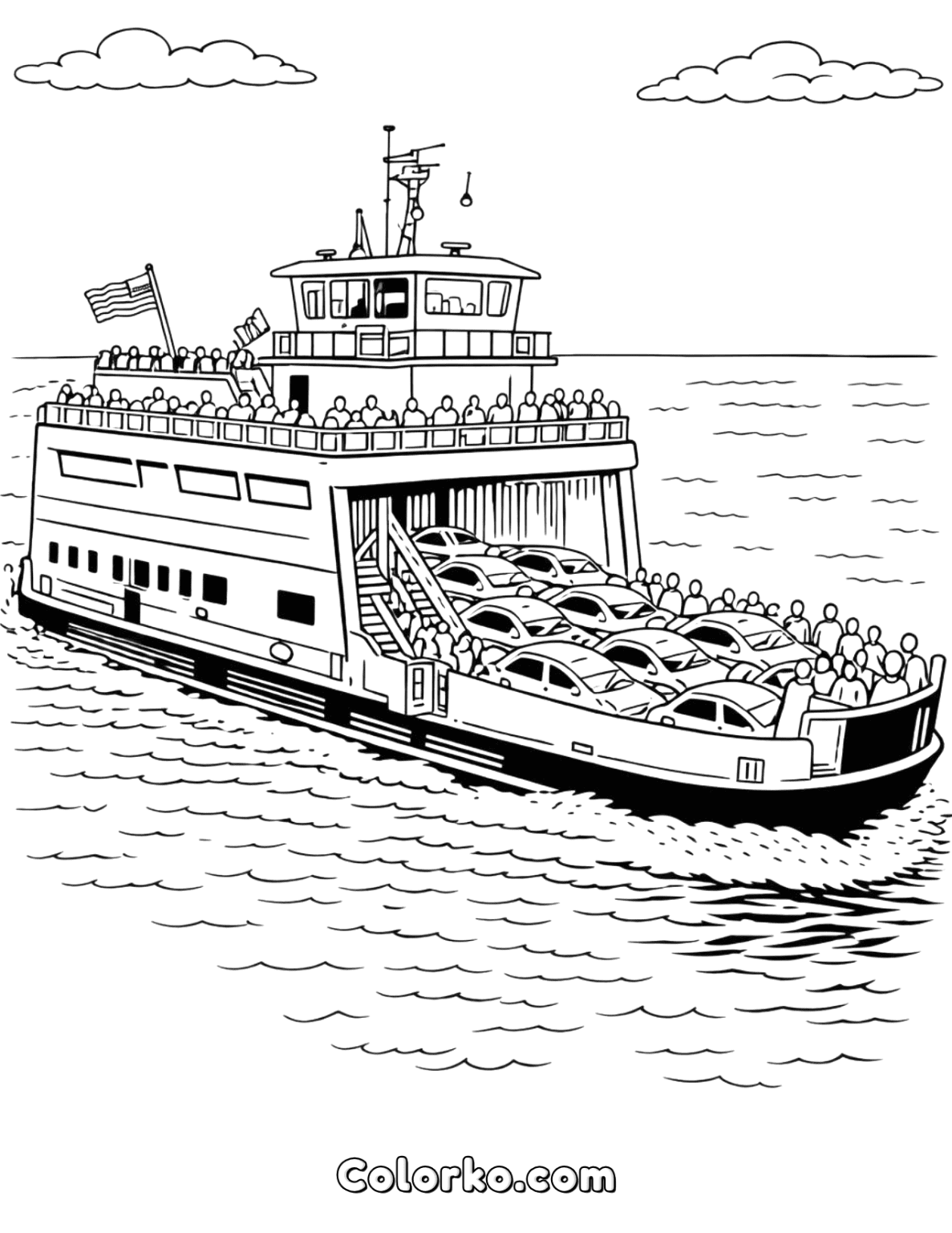 Ferry Boat with Cars Coloring Page for Ages 6-8
