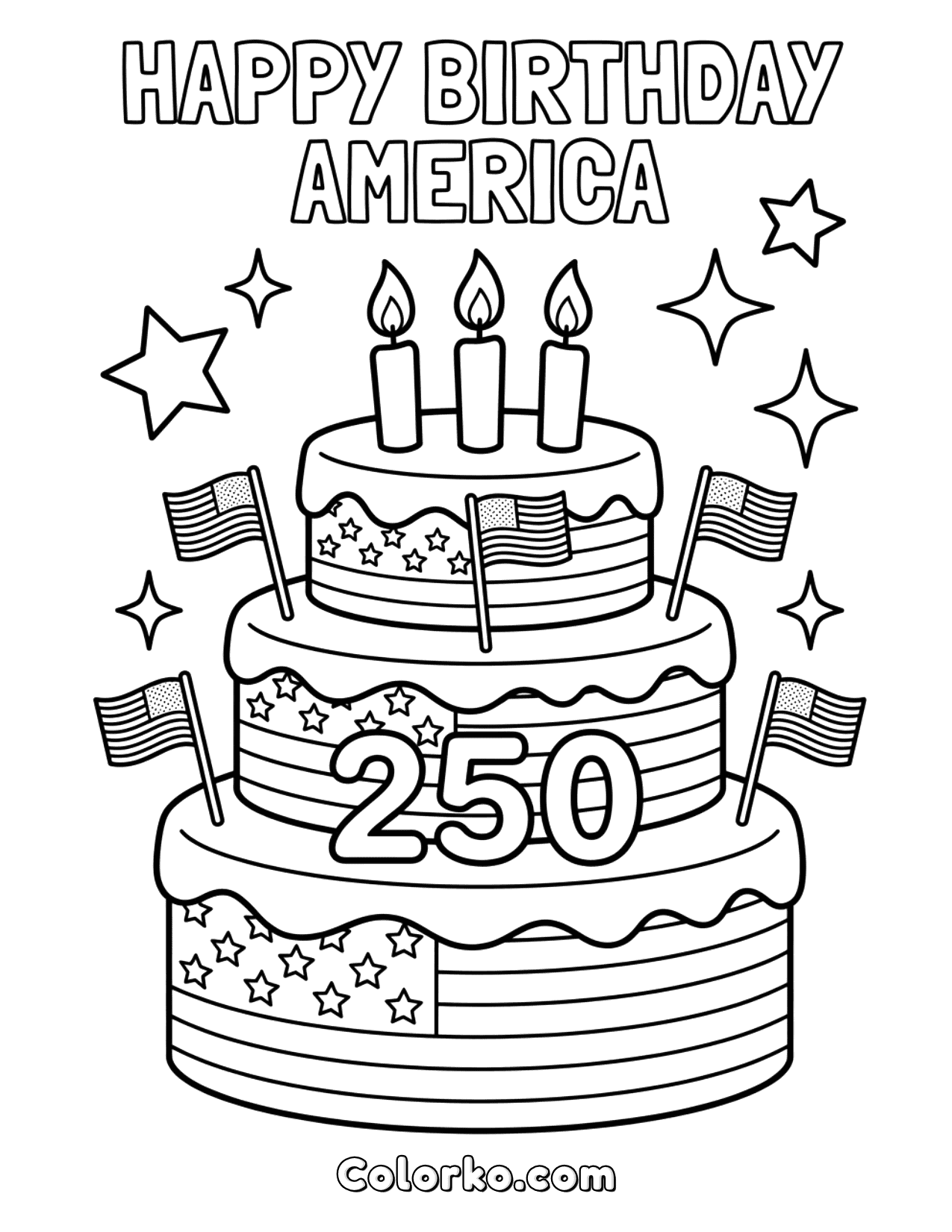 America 250 Birthday Cake Coloring Page for Kids (Free)