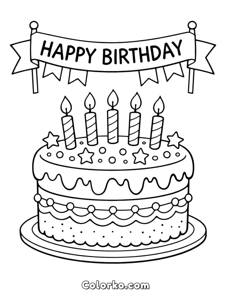 Happy Birthday Cake Coloring Page for Preschoolers 4-6