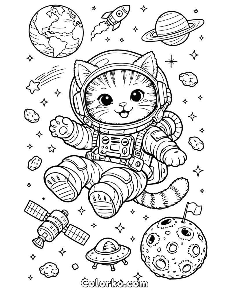 Kitten Astronaut Coloring Page for Kids Ages 6–8