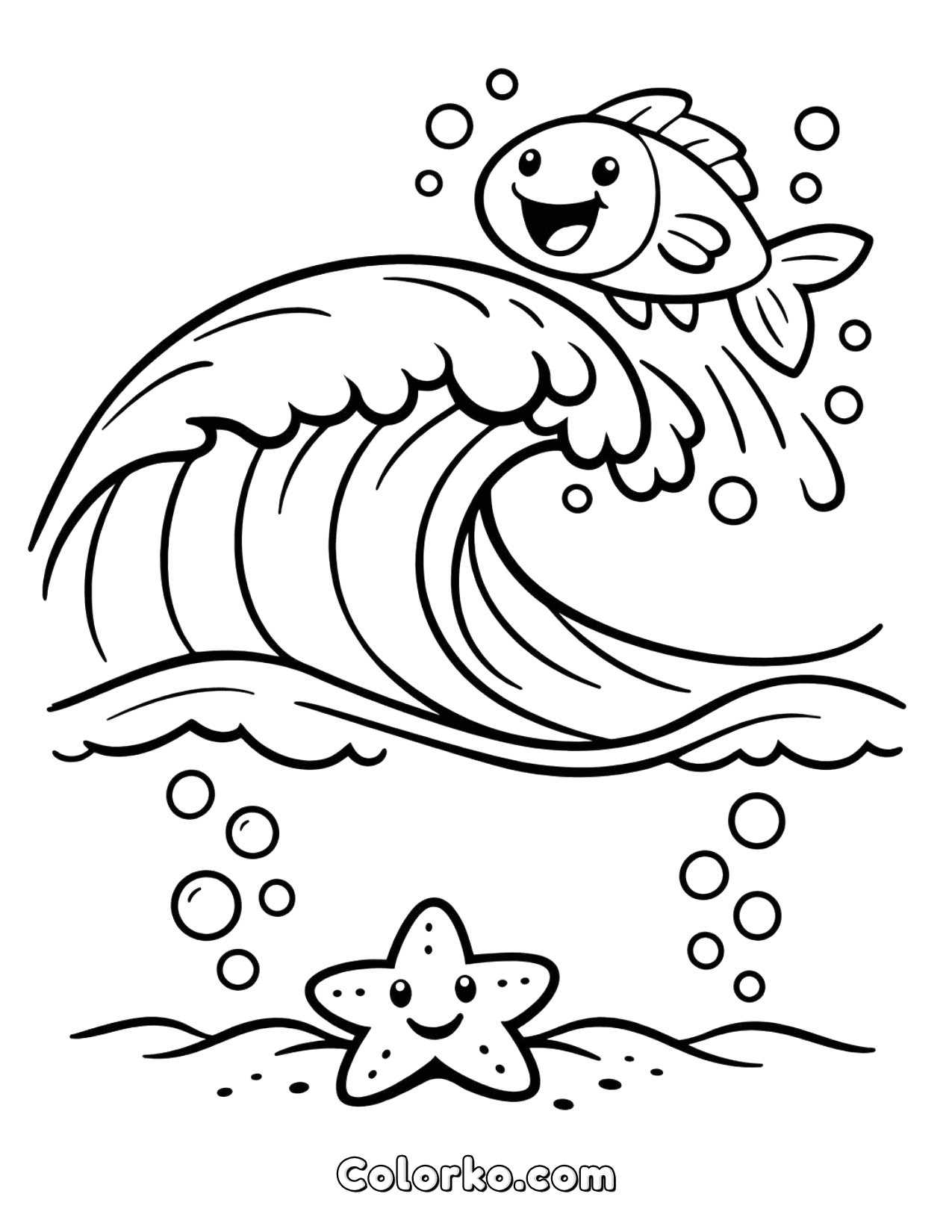 Wave with Happy Fish - Free Printable Coloring Pages for Kids