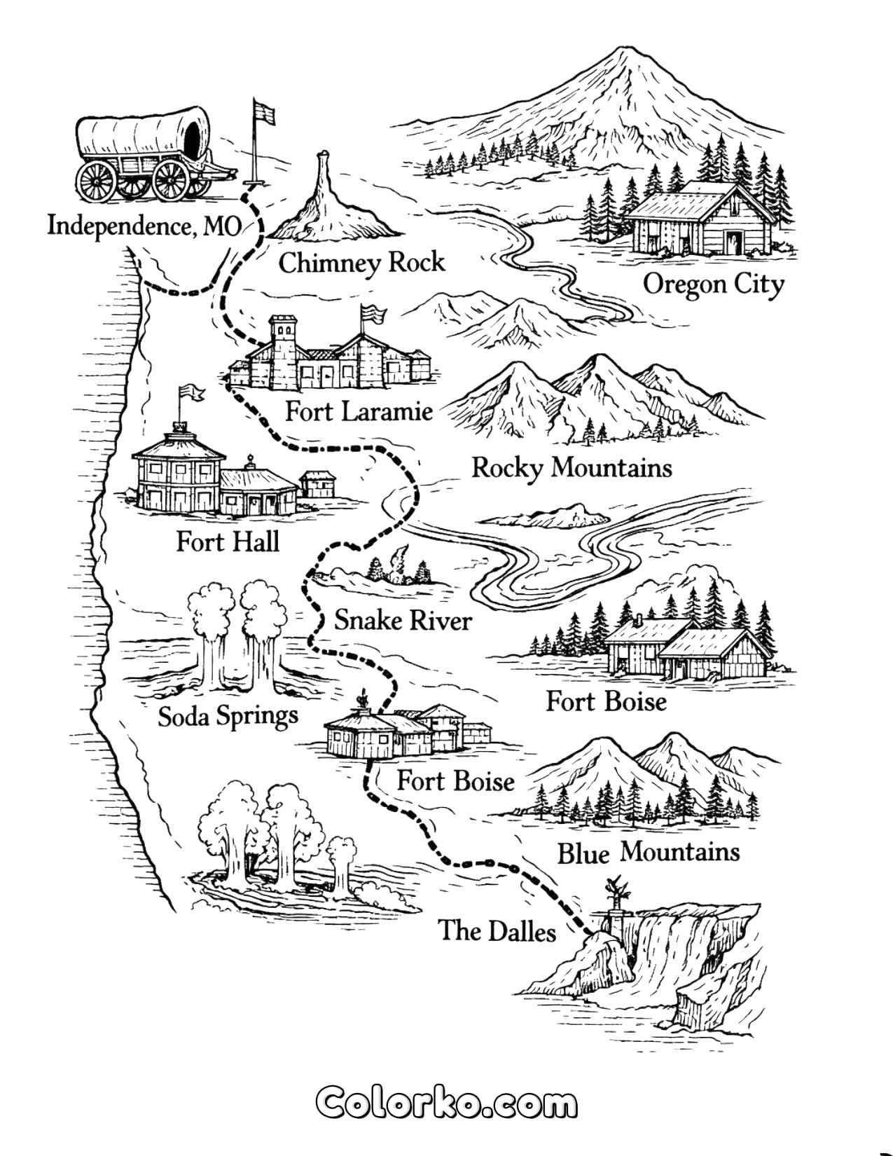 Oregon Trail Map Coloring Page for Kids Ages 10+