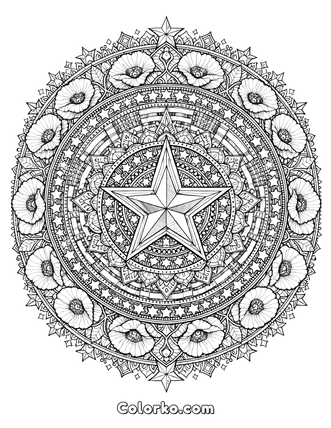 Patriotic Star Mandala Coloring Page for Adults