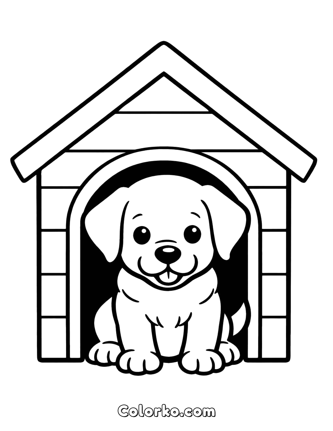 Cute Puppy in a Dog House Coloring Page for Ages 2-4