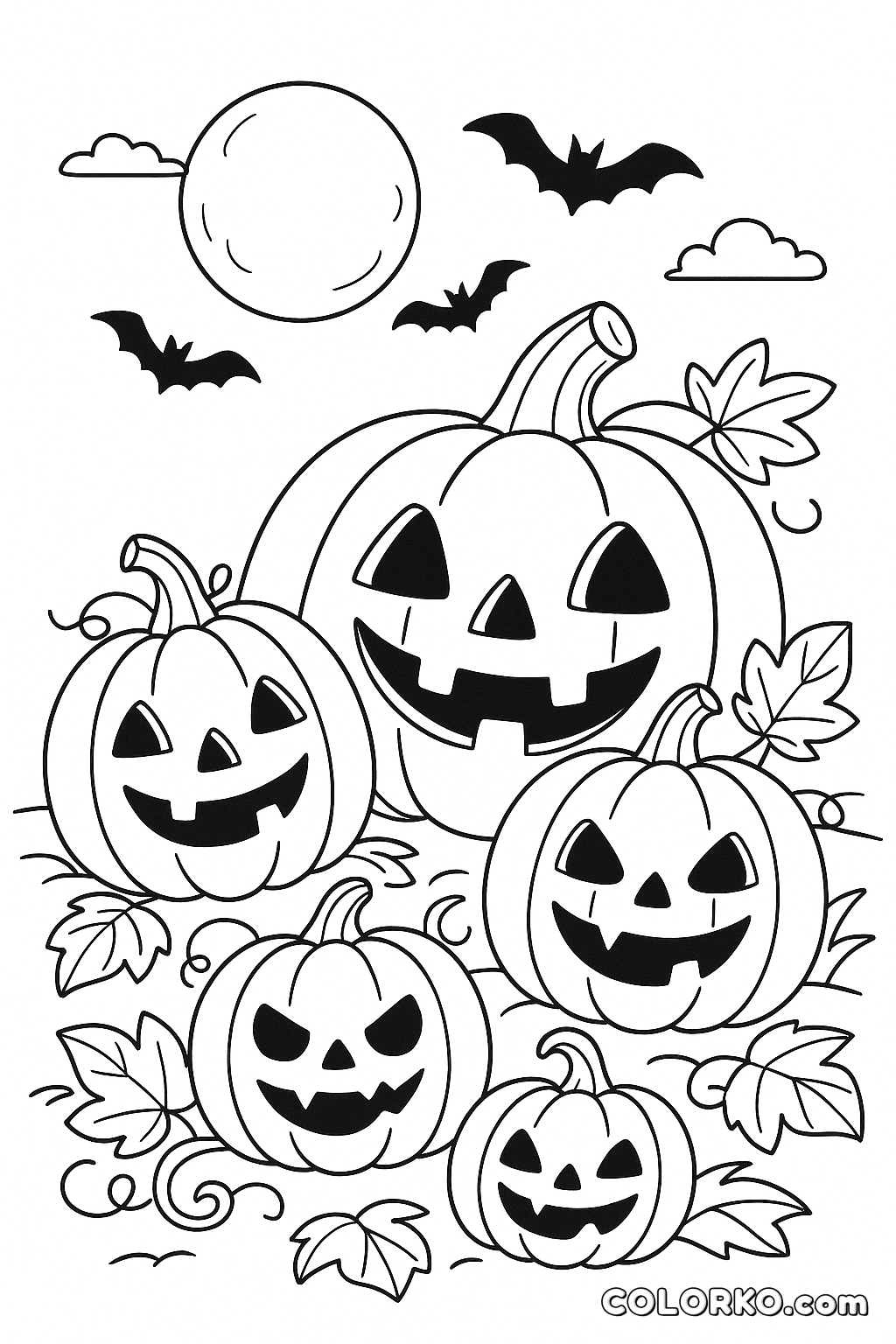 Pumpkin Patch at Night – Halloween Coloring Page