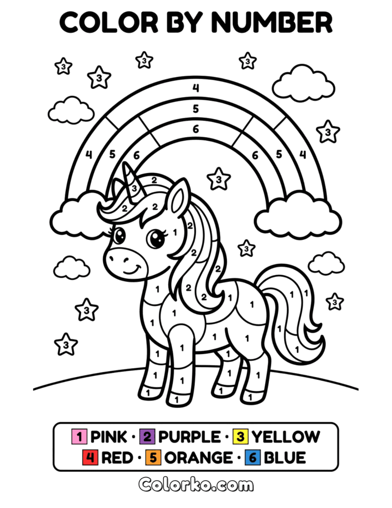 Unicorn Color by Number — Free Printable Coloring Page