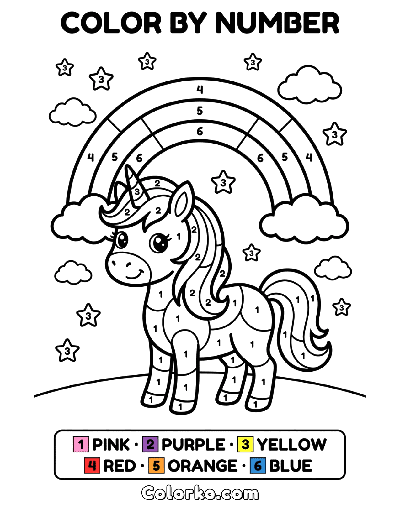 Unicorn Color by Number — Free Printable Coloring Page